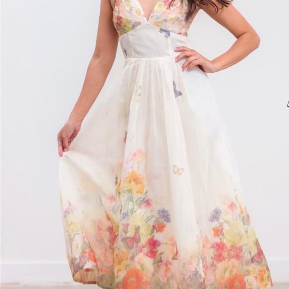 Dresses | Butterfly Blossom Cream Plunge Neck Sleeveless Maxi Sundress ...